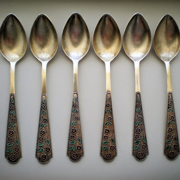 Dining | Vintage Russian Gilded Silver 875 Green Red Enamel Tea Spoons ...